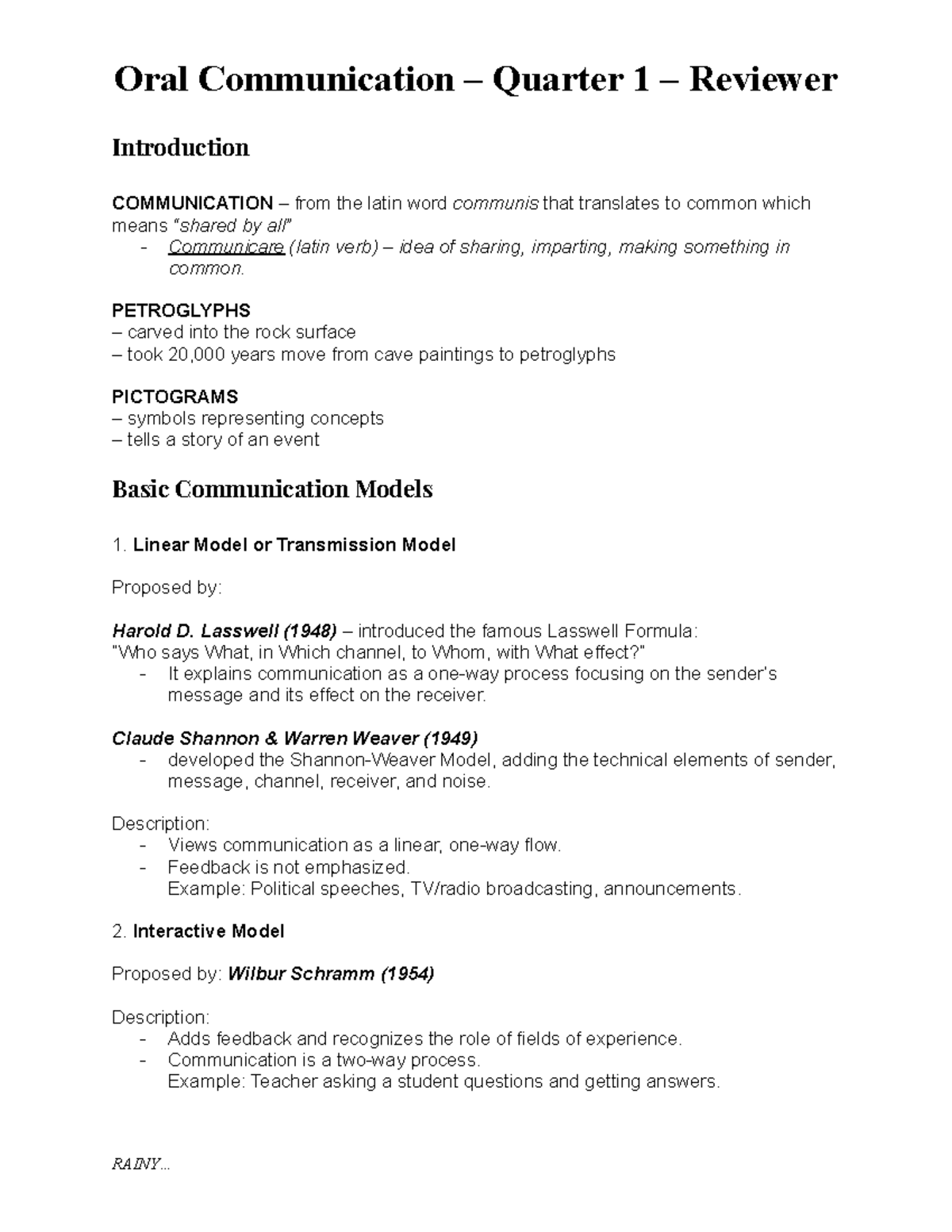 Oral Communication Q1 Reviewer: Key Concepts & Models - Studocu
