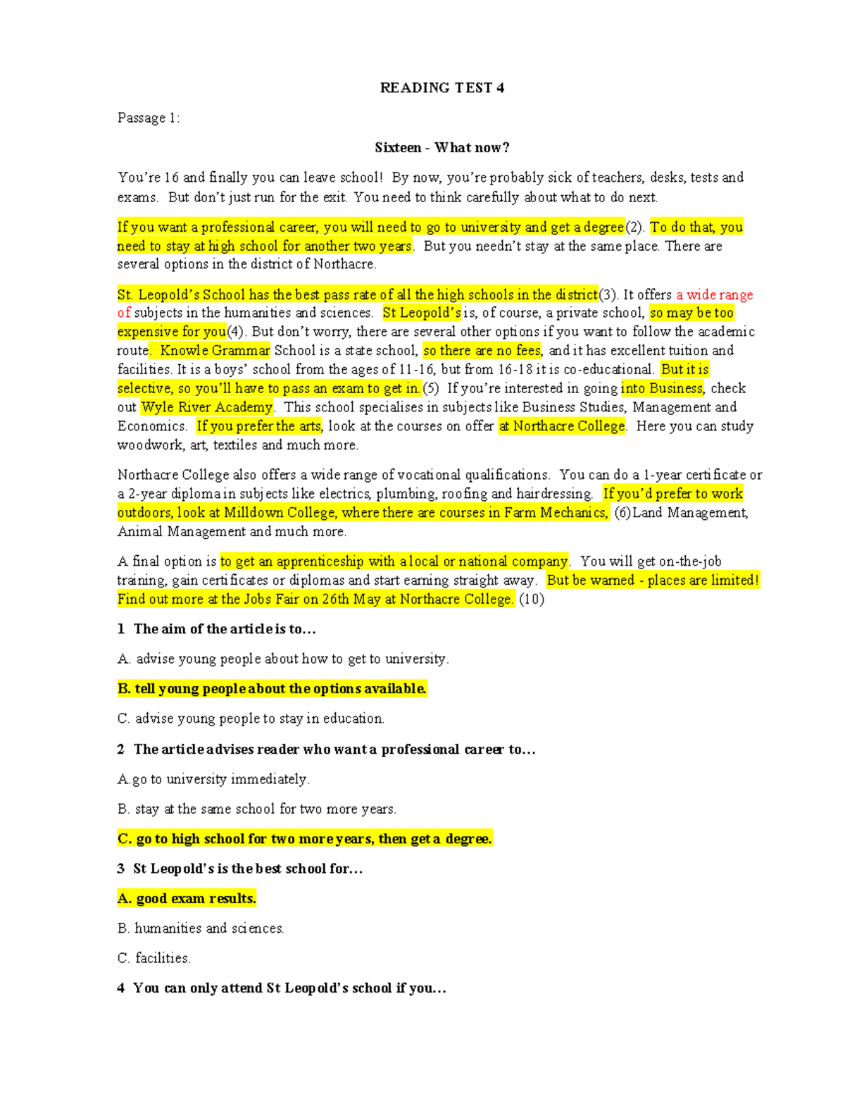 Reading TEST 4 - Answer Key for Exam Prep (De Thi Thu THPT) - Studocu