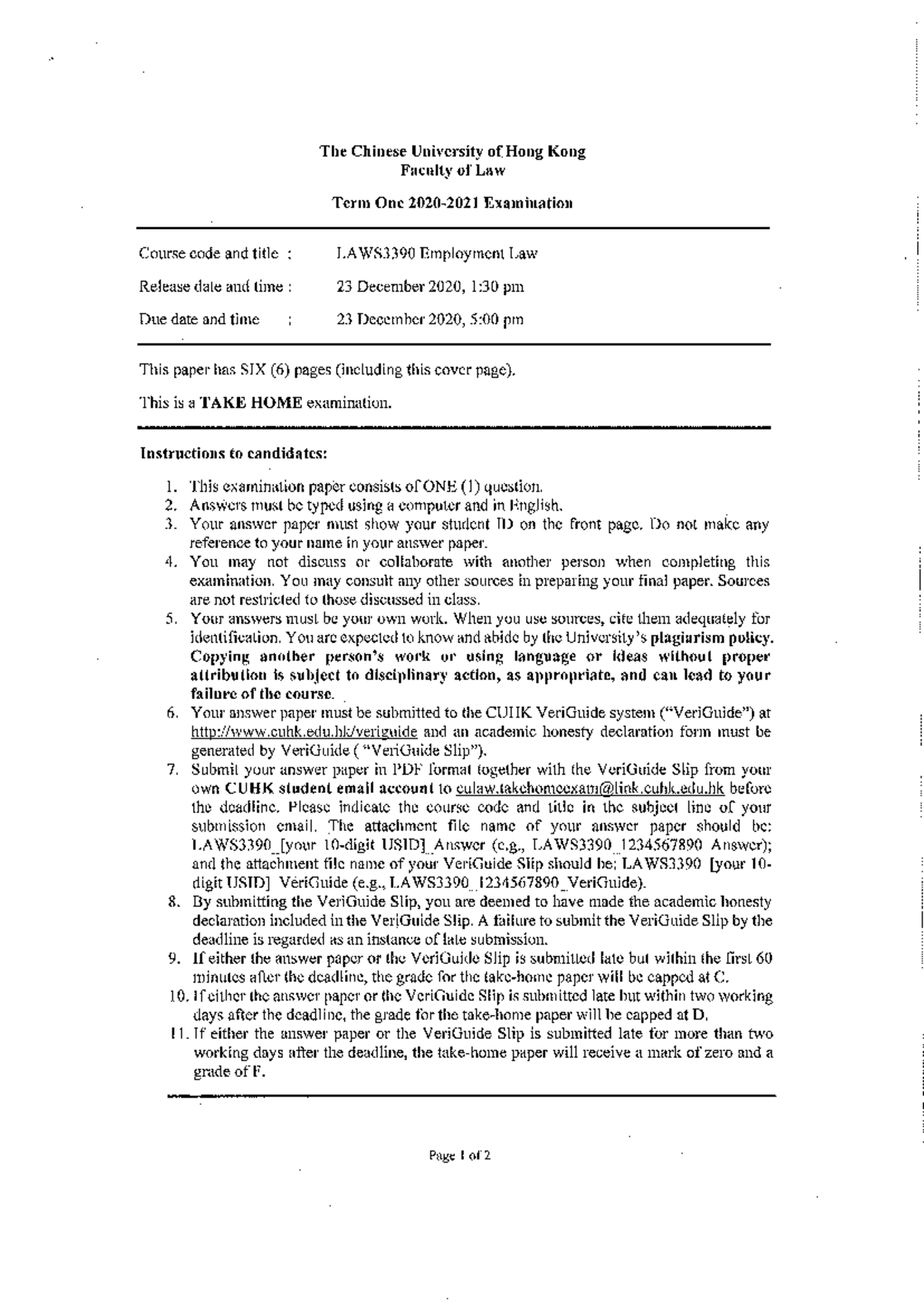 LAWS3390 Employment Law Term One Take Home Exam Paper - December 2020 ...