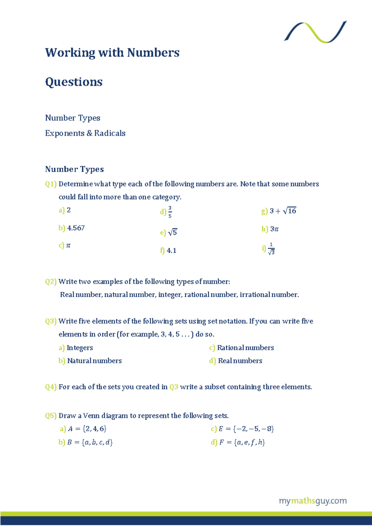 Algebra 1: Working with Numbers - Questions on Types & Exponents - Studocu
