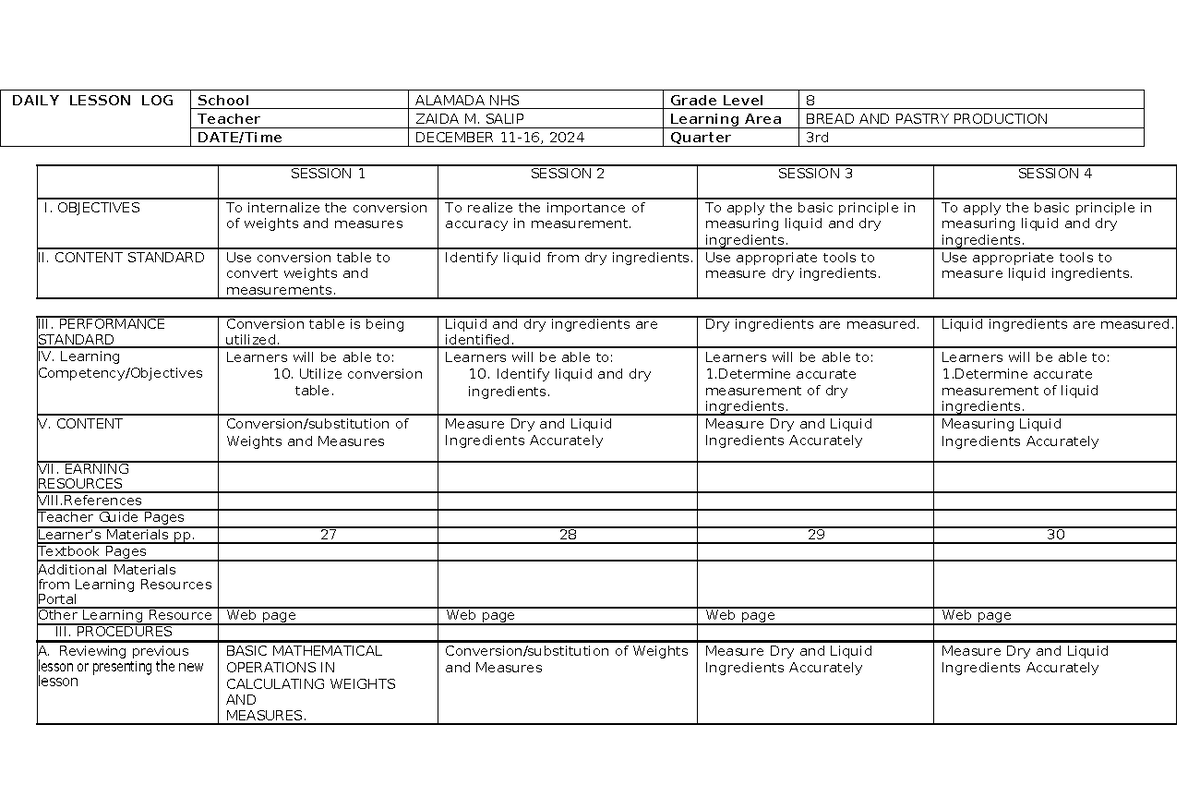 Daily Lesson LOG BPP - DAILY LESSON LOG School ALAMADA NHS Grade Level ...