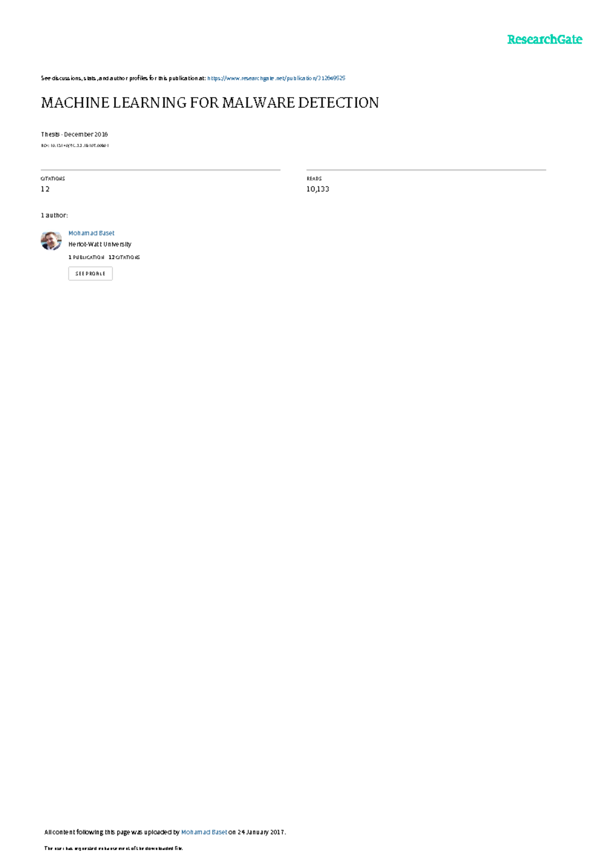 MSc Dissertation: Machine Learning for Malware Detection (H00200406 ...