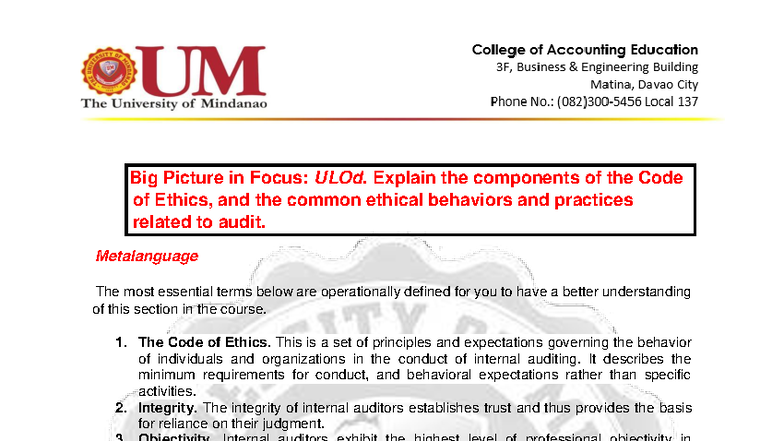 Code of Ethics & Standards in Internal Audit: ULOd Overview - Studocu