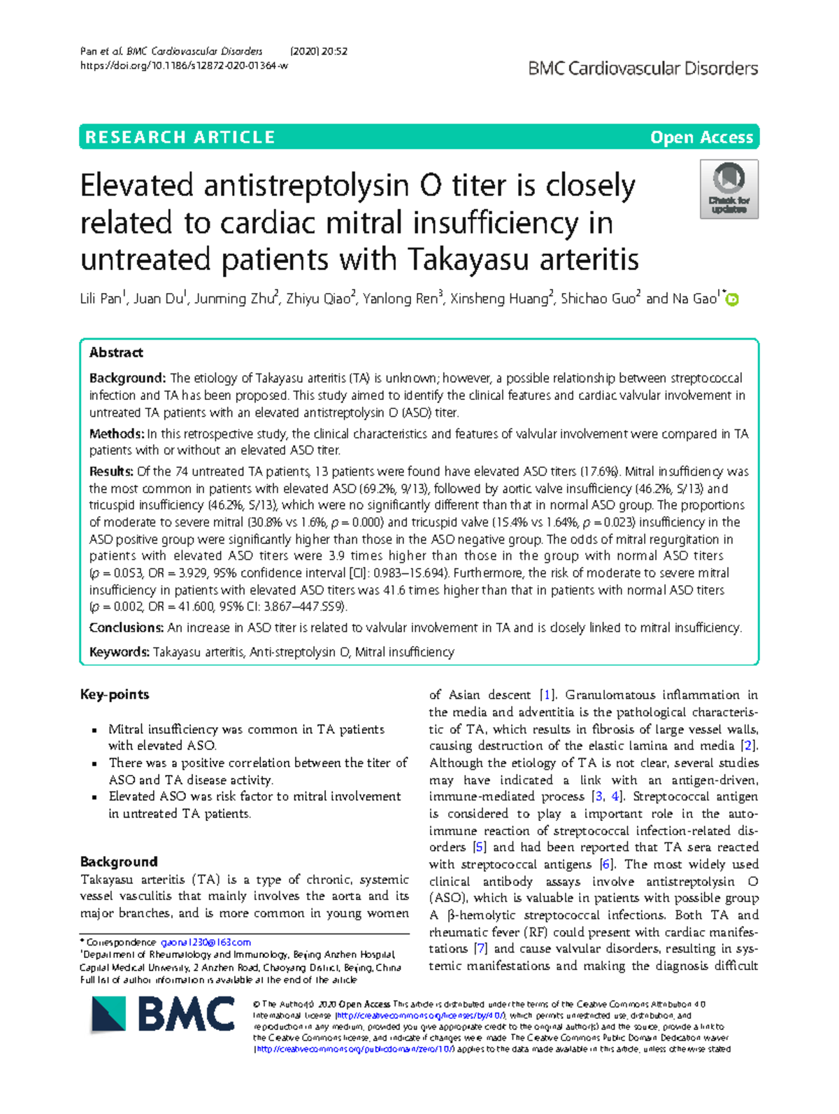 Elevated ASO Titer and Cardiac Mitral Insufficiency in Takayasu ...