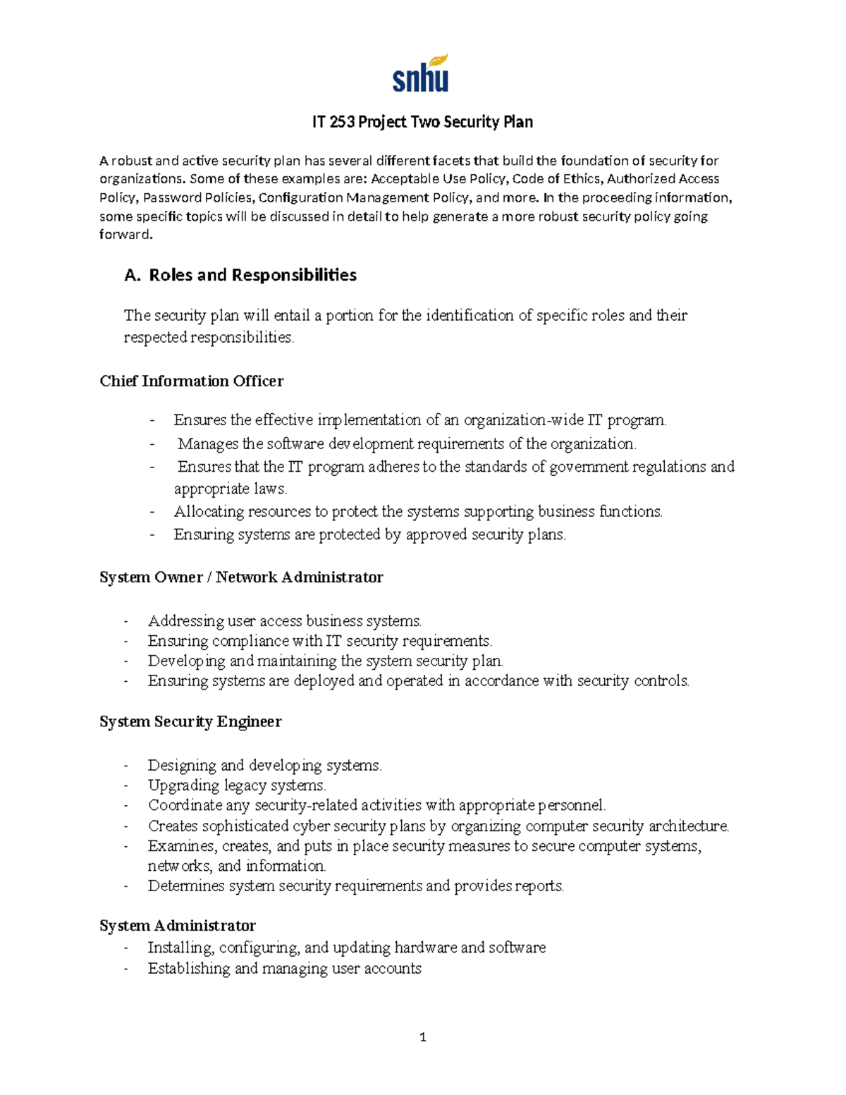 IT 253 Project Two: Comprehensive Security Plan Template - Studocu