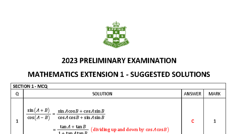 2023 MATHEMATICS EXTENSION 1 PRELIMINARY EXAM SOLUTIONS - Studocu
