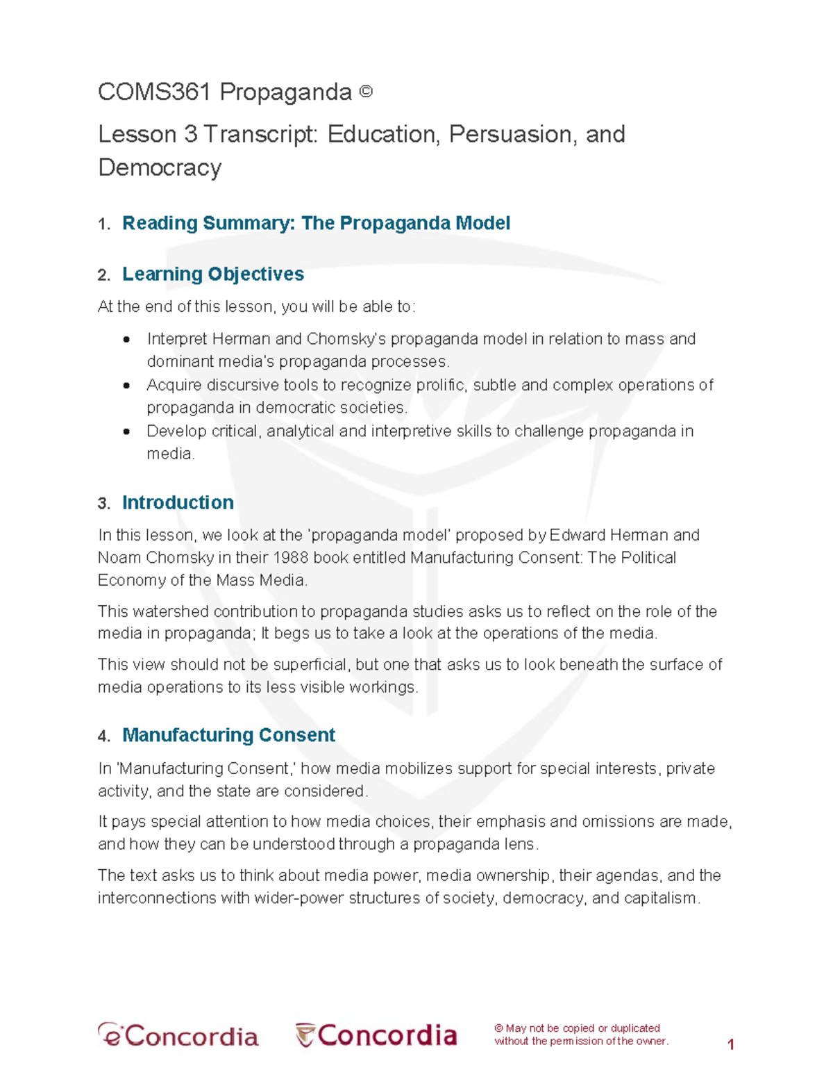 COMS361 - Lesson 3: Exploring the Propaganda Model and Democracy - Studocu