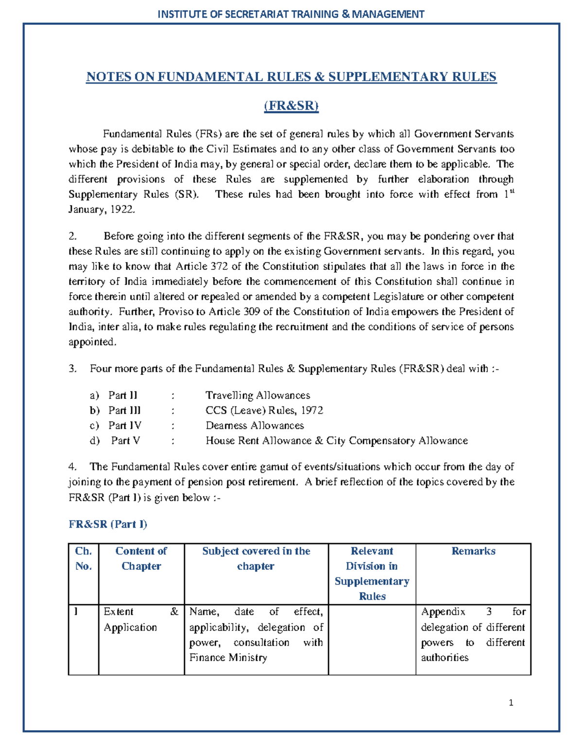Notes on Fundamental Rules & Supplementary Rules (FR & SR) - Studocu