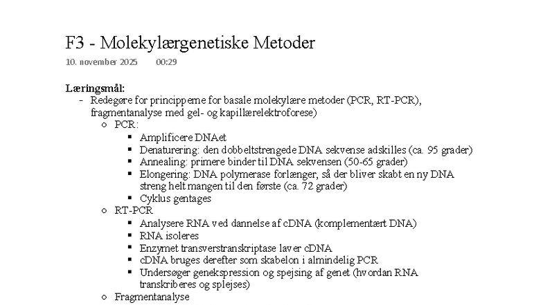 F3 - Molekylærgenetiske Metoder - Læringsmål: Redegøre for principperne ...