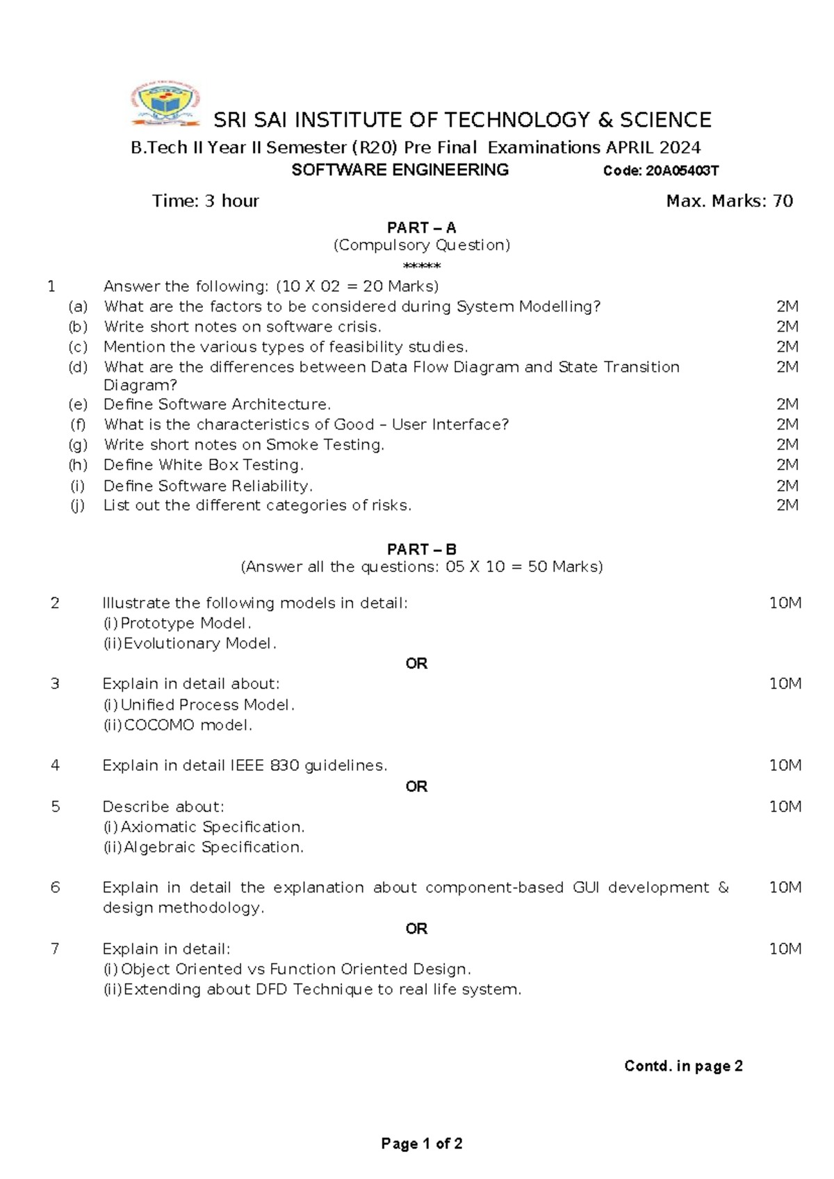 B.Tech II Year II Sem (R20) Pre-Final Exam: Software Engineering ...