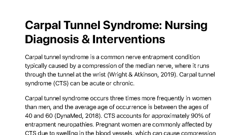 Carpal Tunnel Syndrome: Nursing Diagnosis & Interventions Guide - Studocu