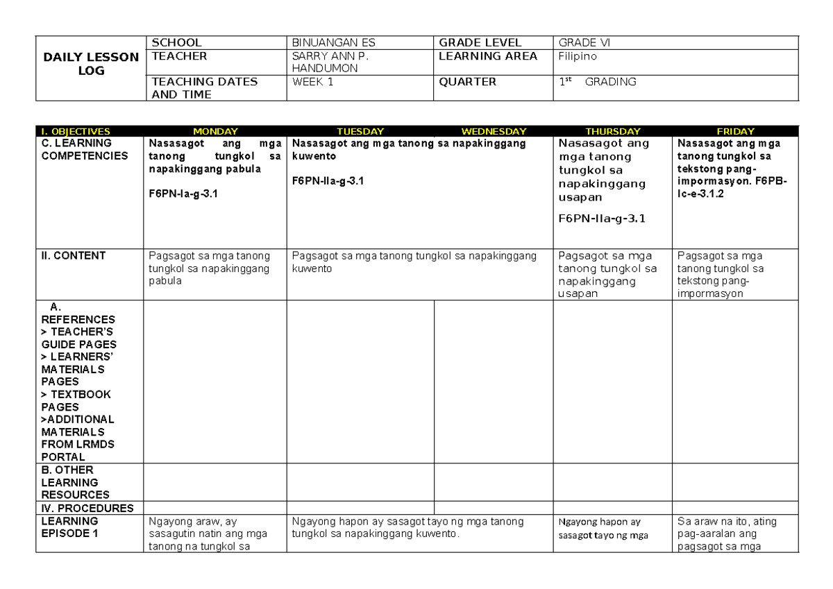 Filipino DLL Q1 W1: Daily Lesson Log for Grade VI - Studocu