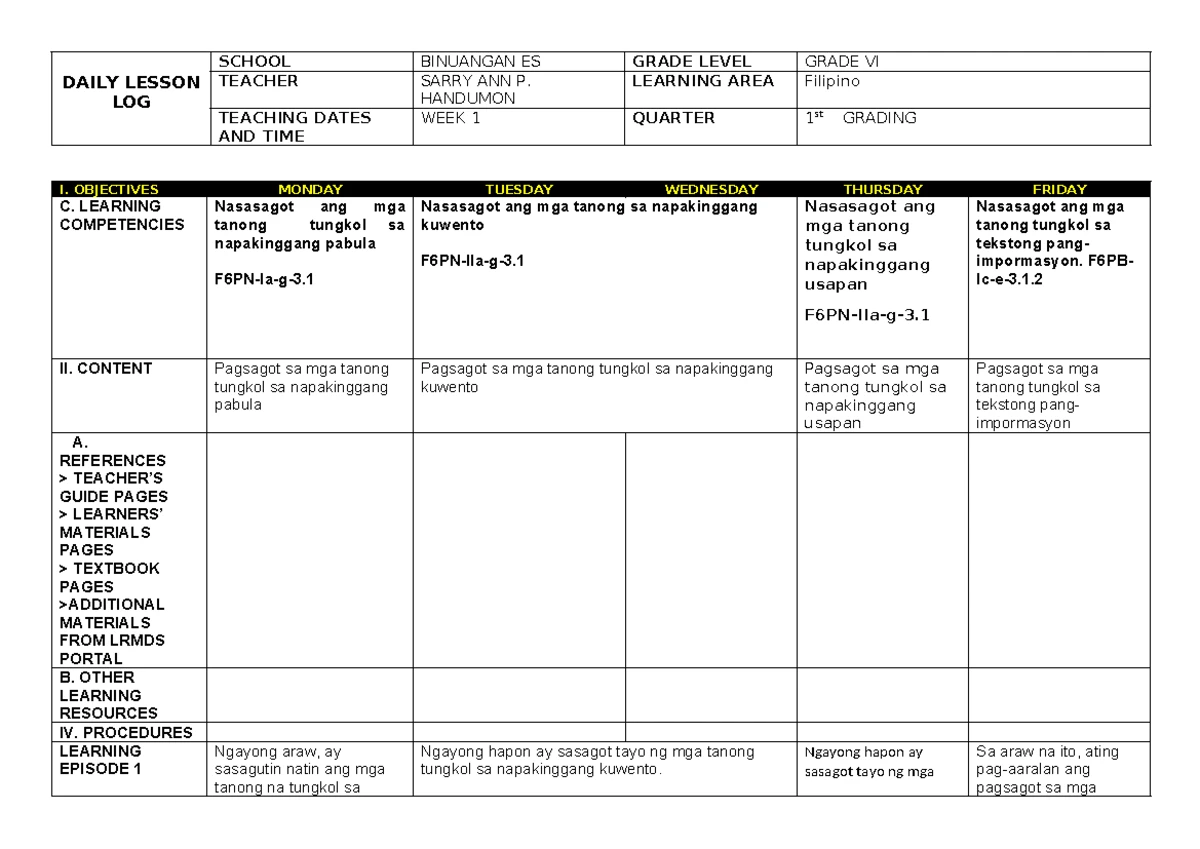 DLL Filipino 6 Q1 W5: Daily Lesson Log for Grades 1-12 - Studocu