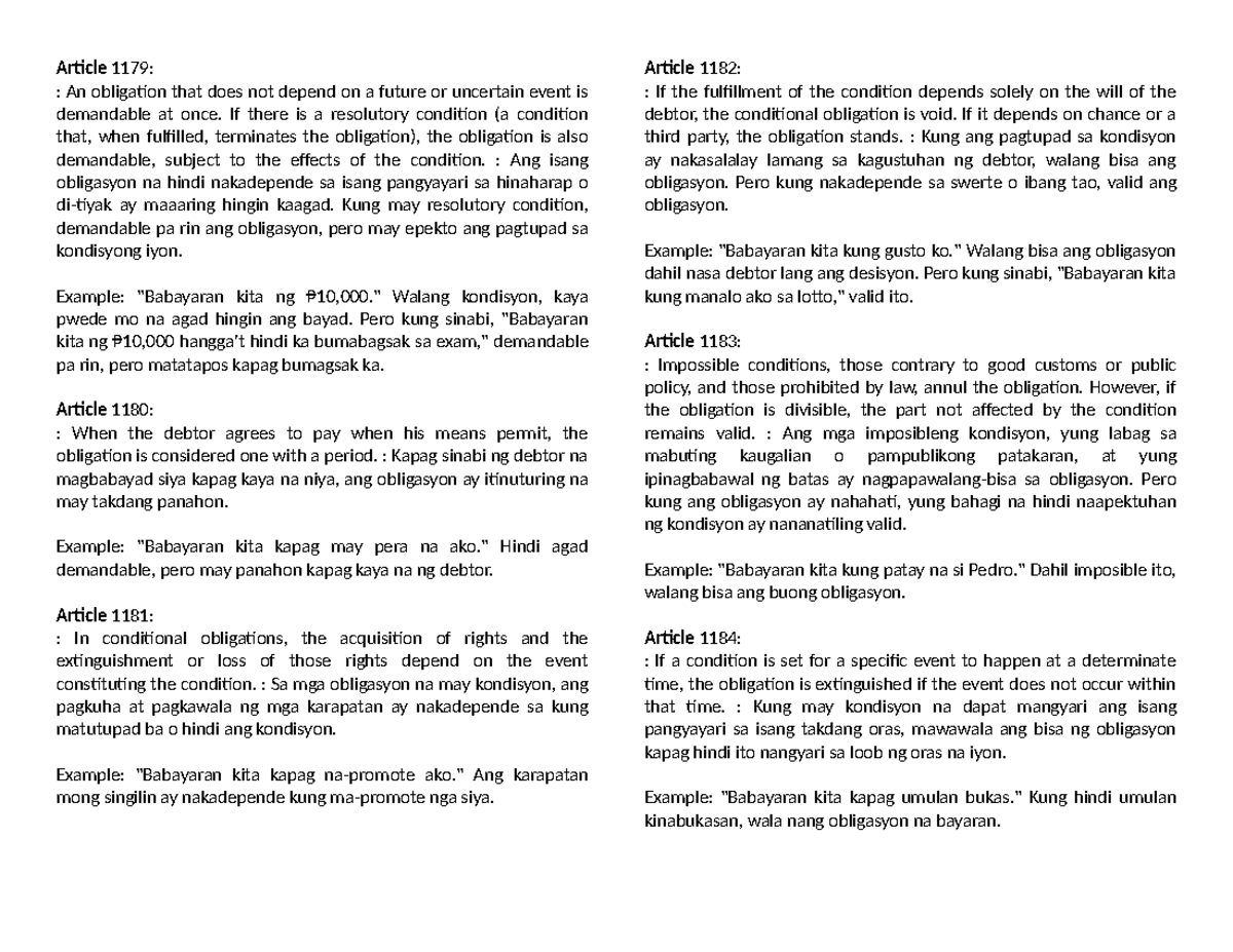 Articles 1179 to 1192: Obligations and Conditions Explained - Studocu