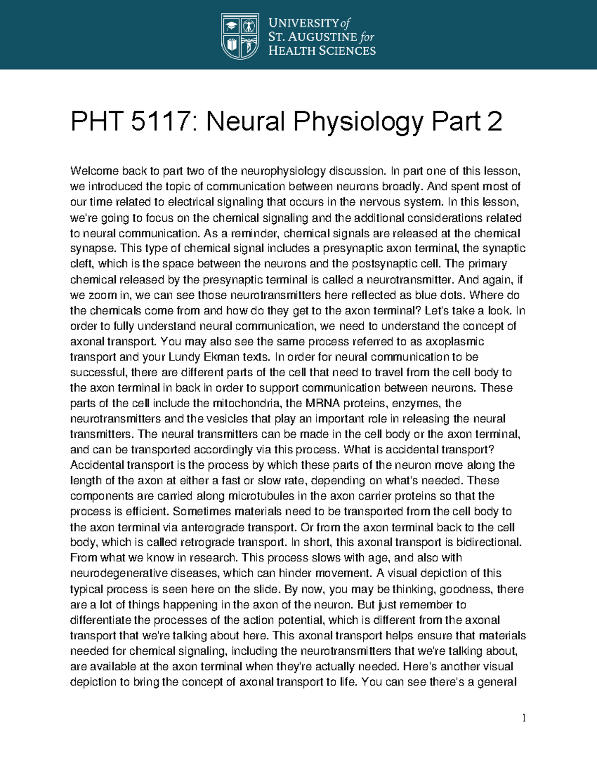PHT 5117: Neural Physiology - Chemical Signaling & Axonal Transport ...