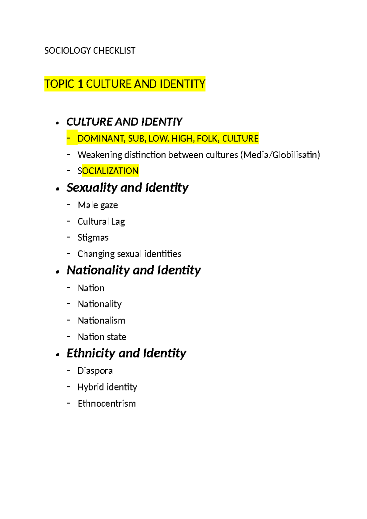 Sociology Checklist: Culture and Identity Highlights for 2023 - Studocu