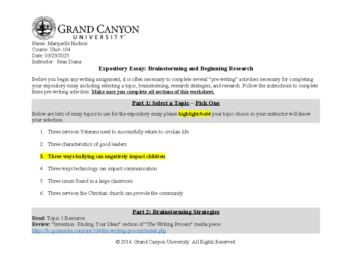 UNV-104-RS-T1: Expository Essay Brainstorming & Research Strategies ...