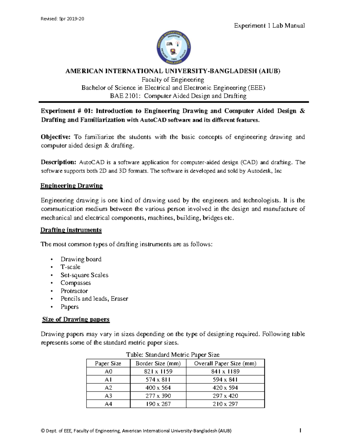 CAD BAE 2 101 - Experiment 1 Lab Manual for Engineering Drawing - Studocu