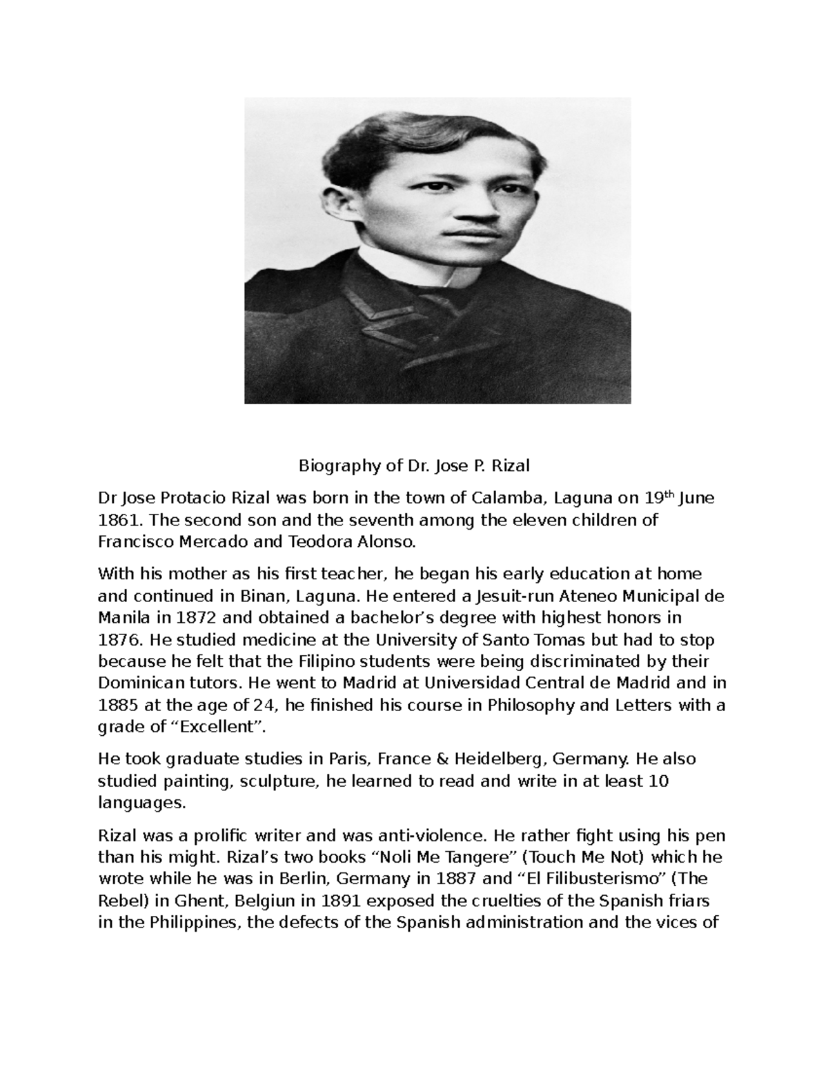 Drjoseeeeee - This is a notes - Biography of Dr. Jose P. Rizal Dr Jose ...