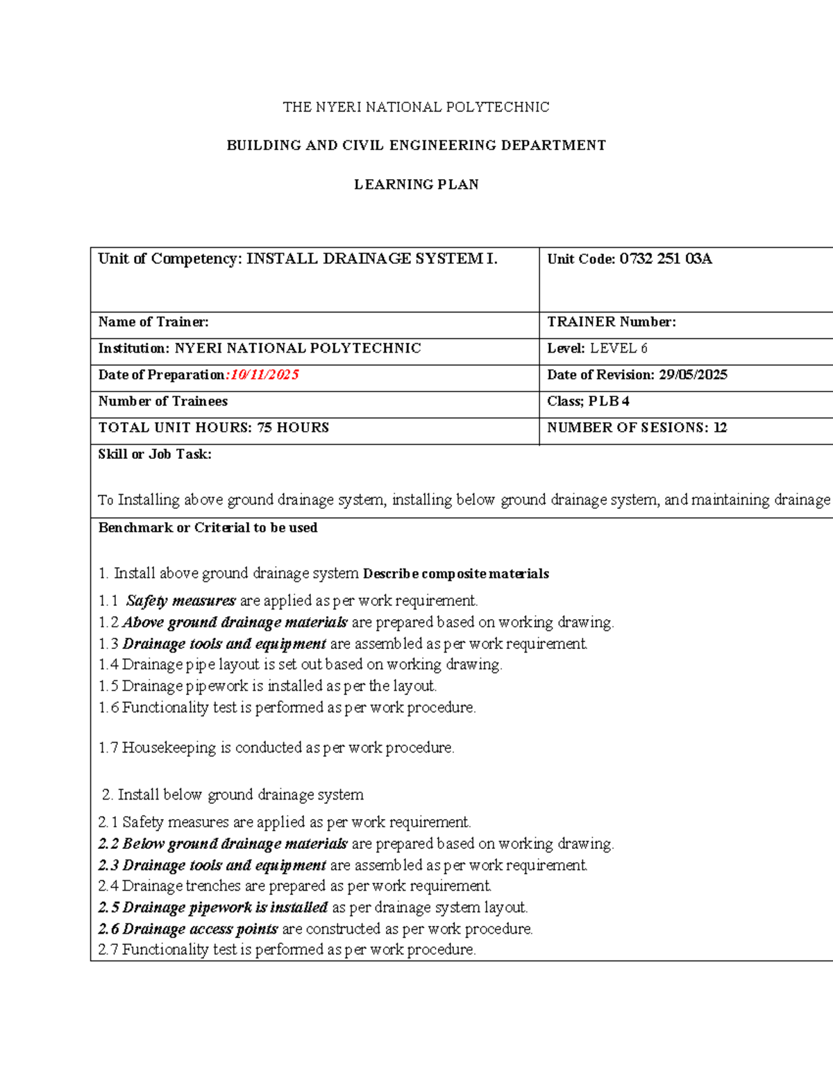 Install Drainage Systems Learning Plan PLB 4 Unit 0732 251 03A - Studocu