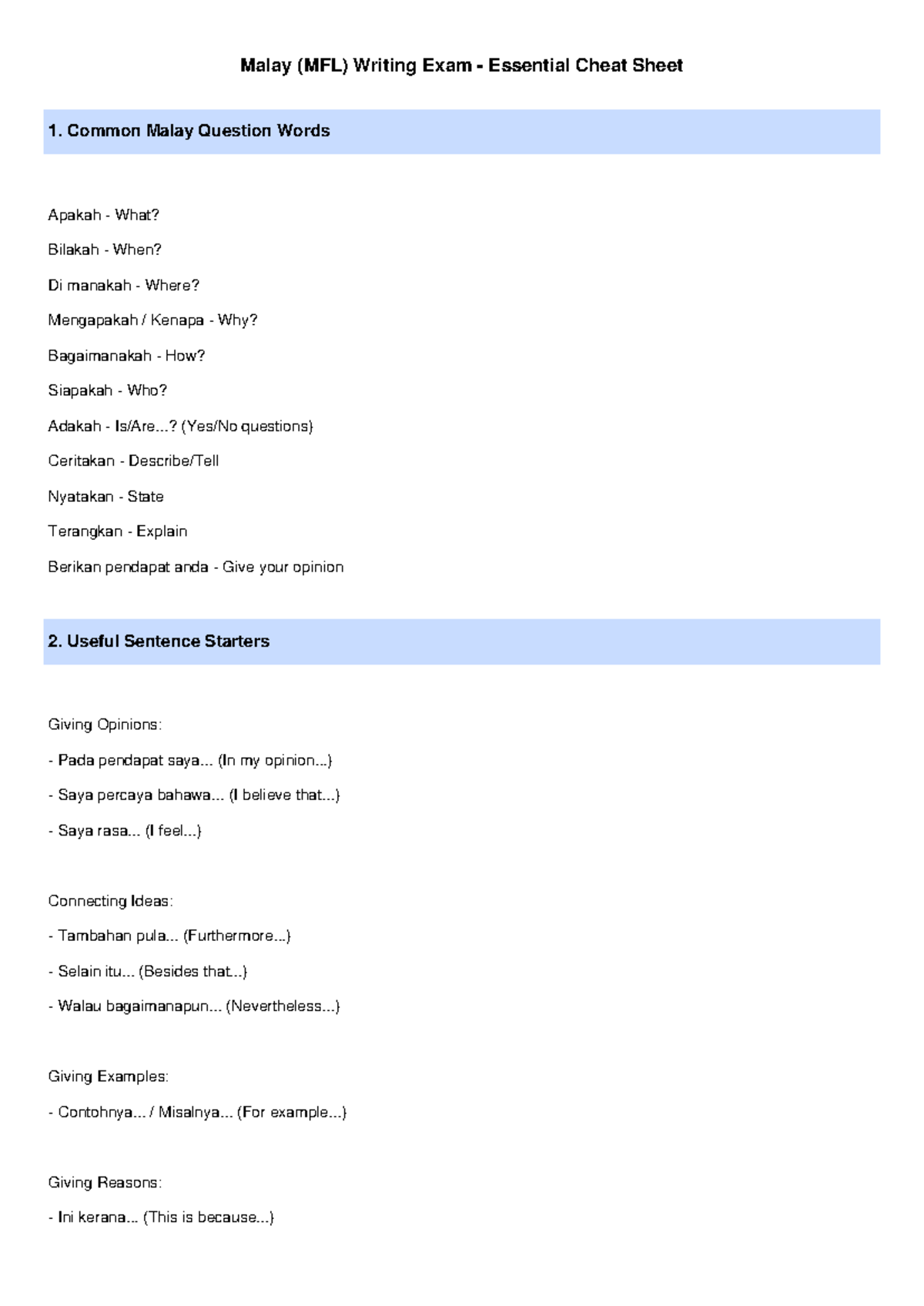 MFL Malay Writing Exam - Essential Cheat Sheet for Success - Studocu