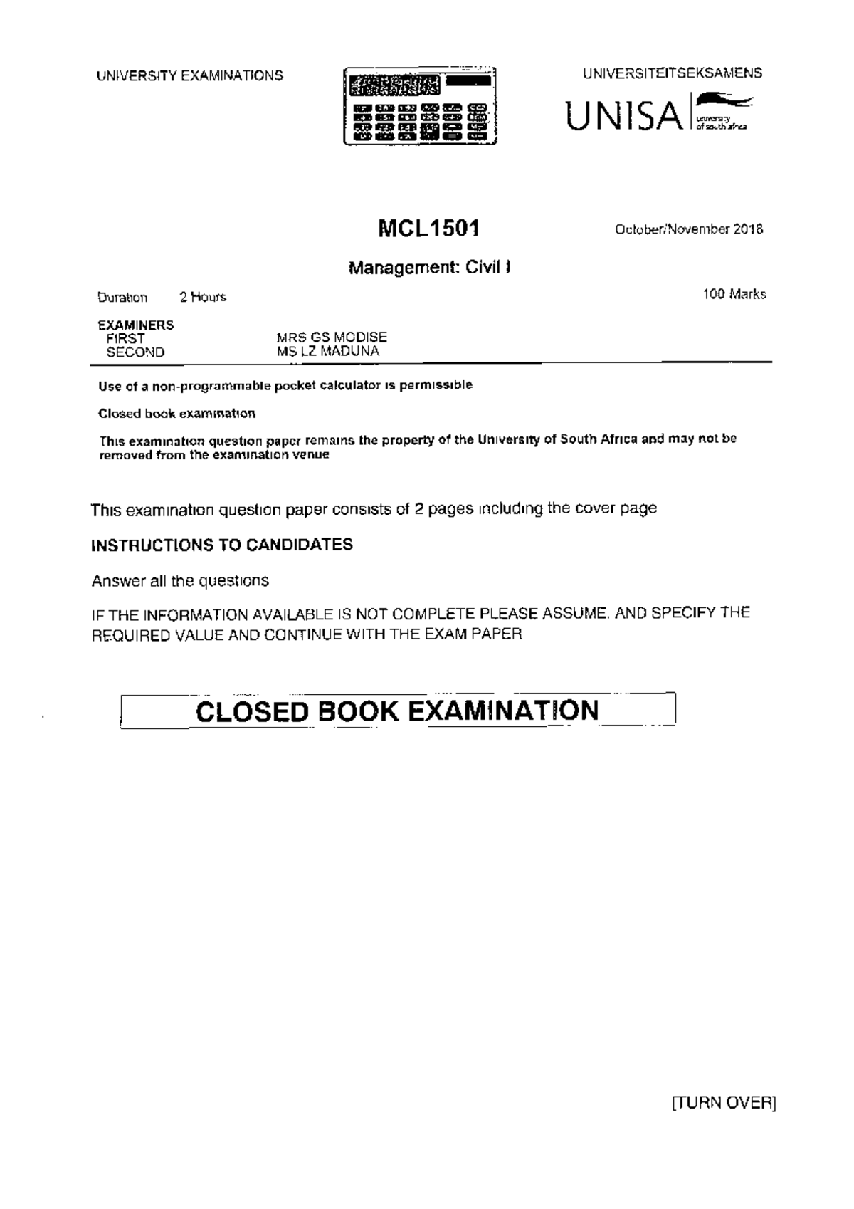 MCL1501 2018 Final Exam Paper: Management Civil I - Studocu
