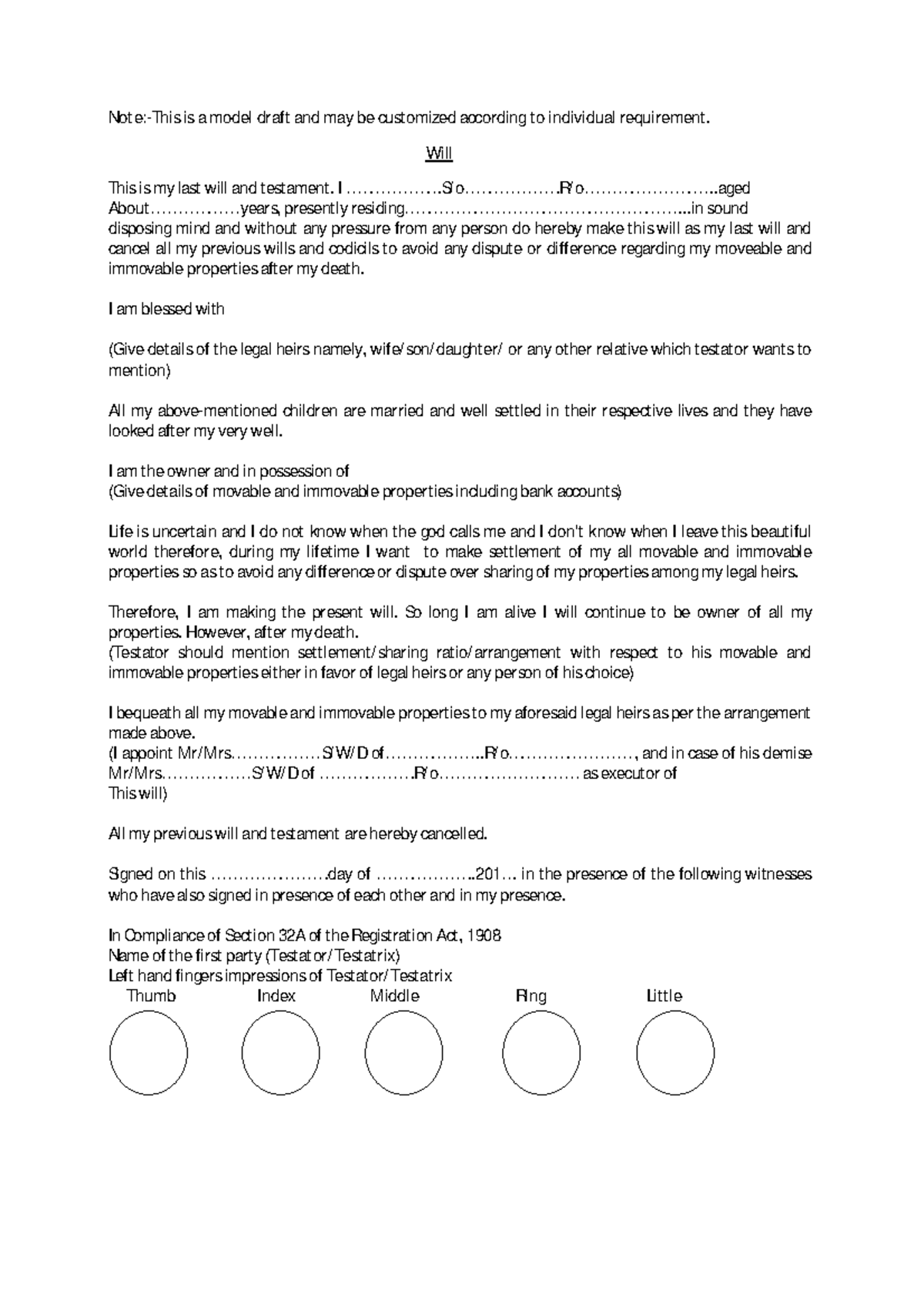 8 - Will draft format - Note:-This is a model draft and may be ...