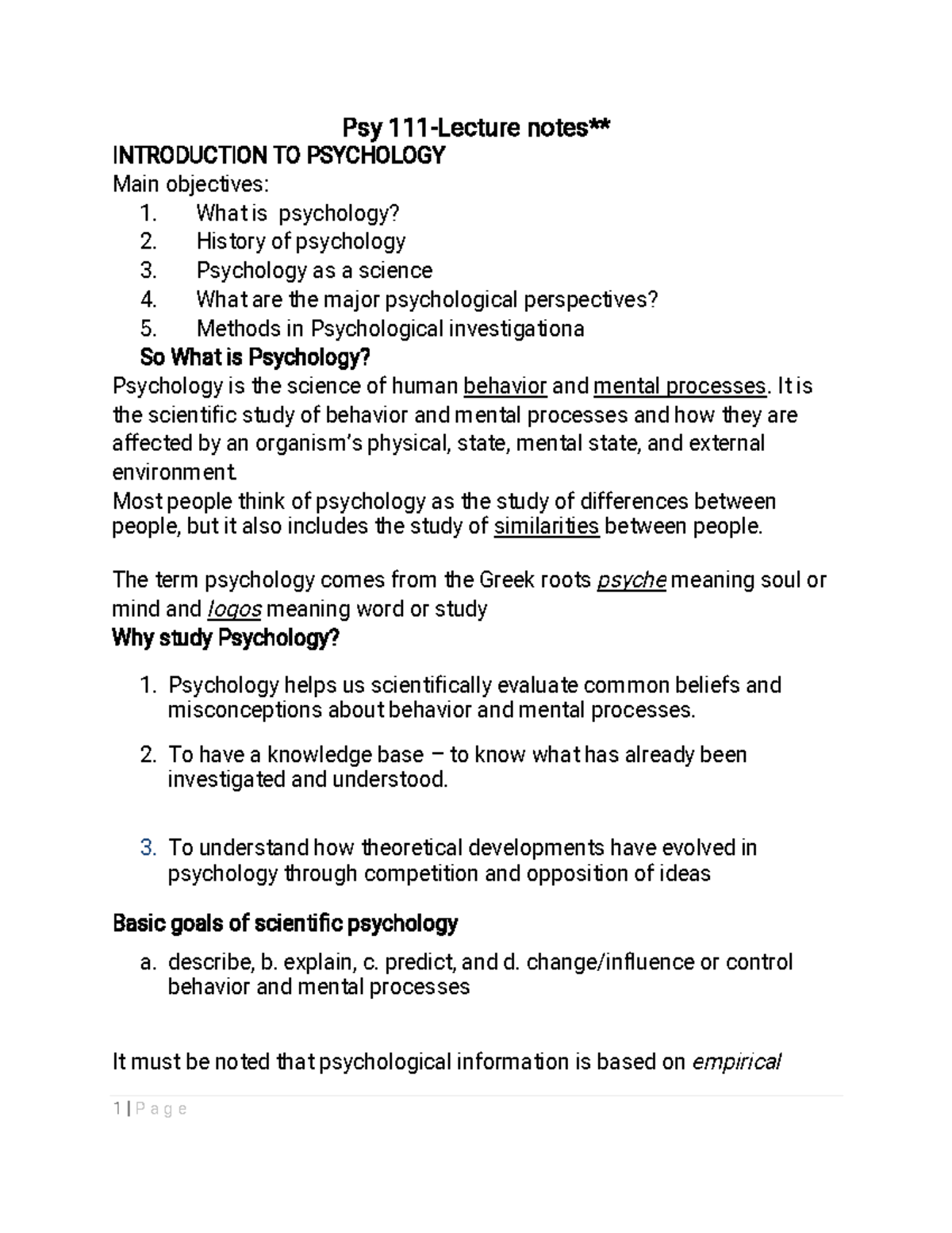 Psy 111 - Lecture Notes: Introduction to Psychology Overview - Studocu