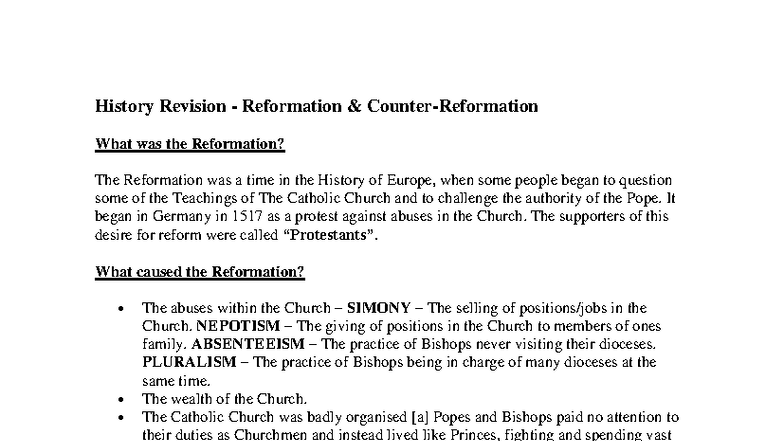 History Revision: The Reformation & Counter-Reformation Insights - Studocu
