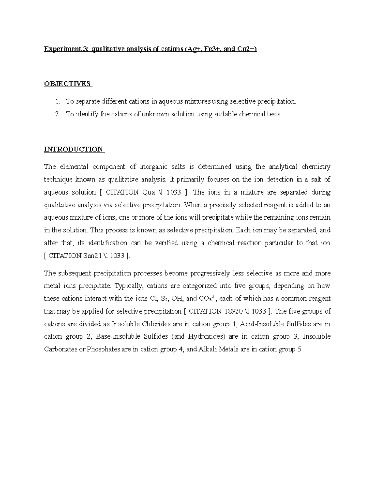 Chm 361 Exp 3 - Qualitative Analysis of Cations Lab Report - Studocu