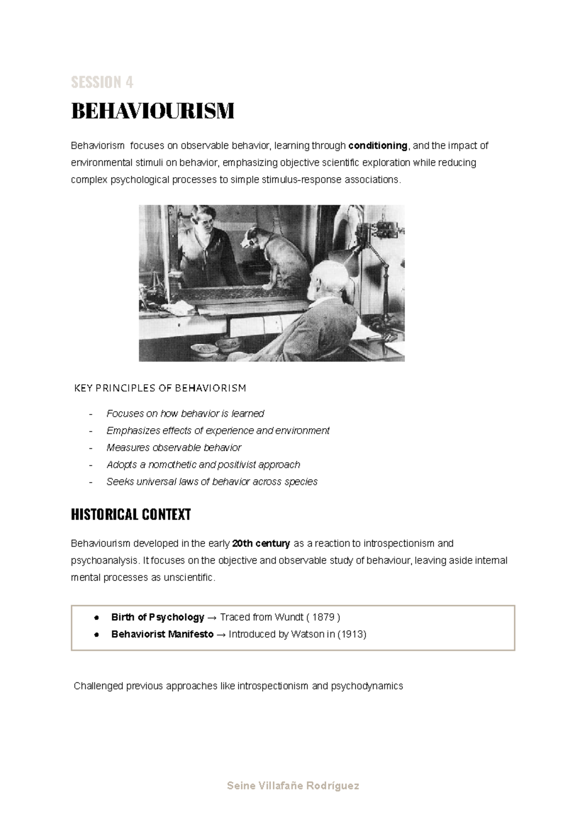 SESSION 4: BEHAVIOURISM - Key Principles and Historical Context - Studocu