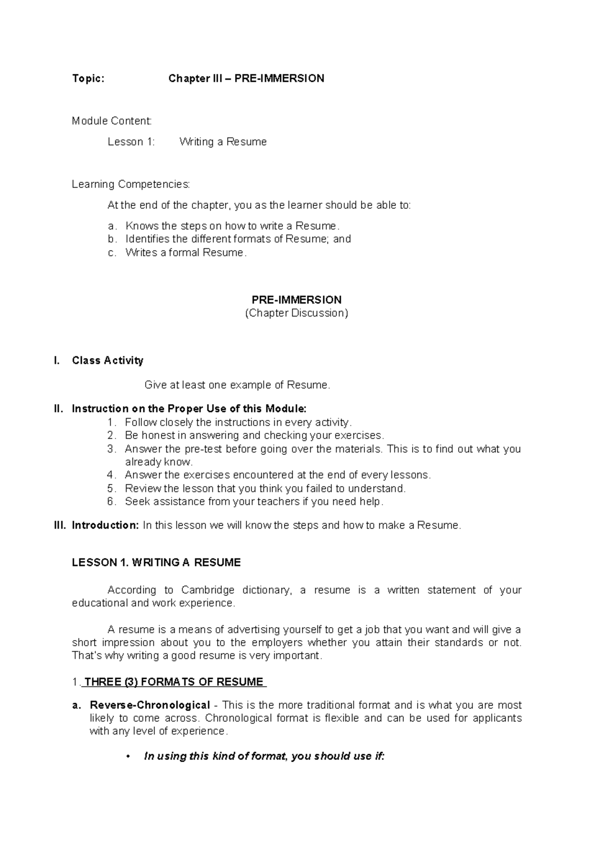 Work Immersion Module 3: Writing a Resume Overview - Studocu