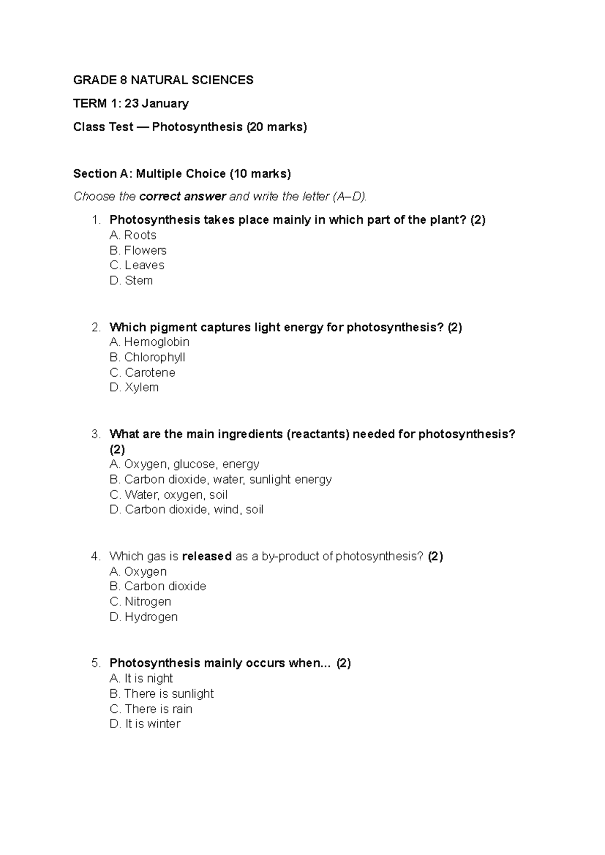 GRADE 8 NATURAL SCIENCES TERM 1: Class Test on Photosynthesis - Studocu