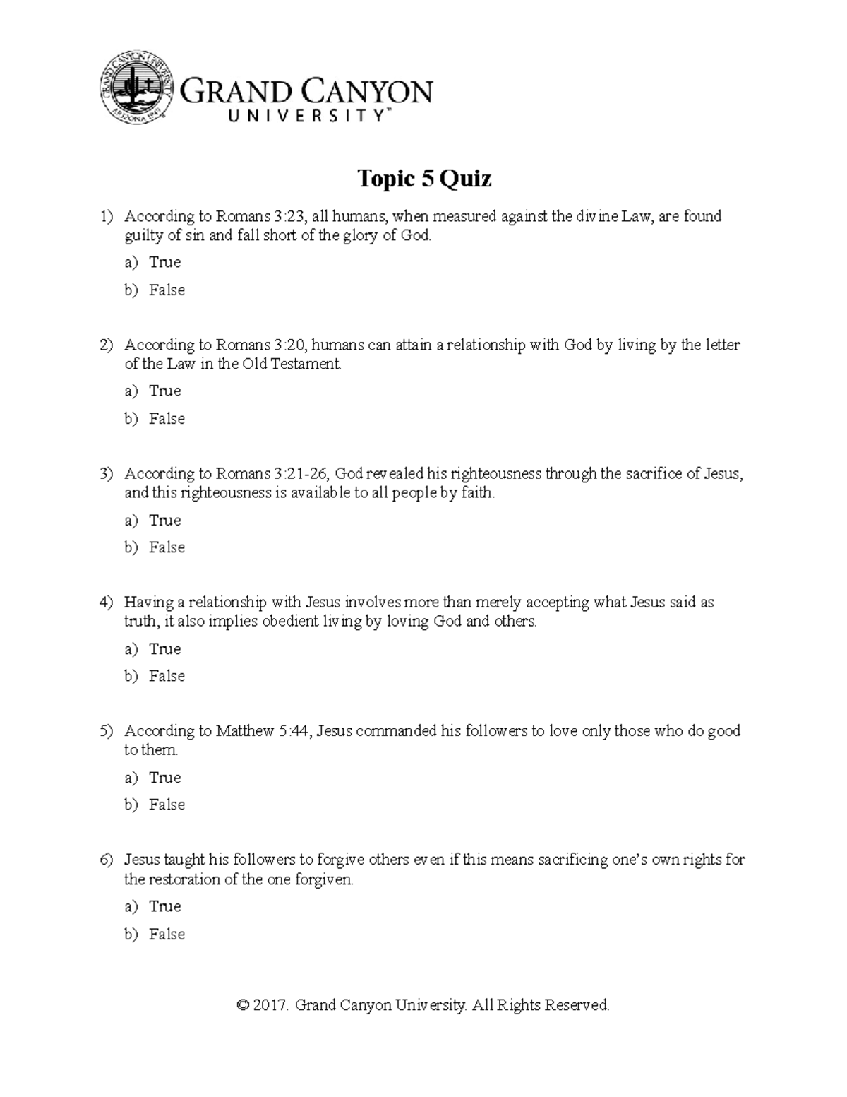 CWV-101-Q5 - Topic 5 Quiz on Christian Teachings and Beliefs - Studocu