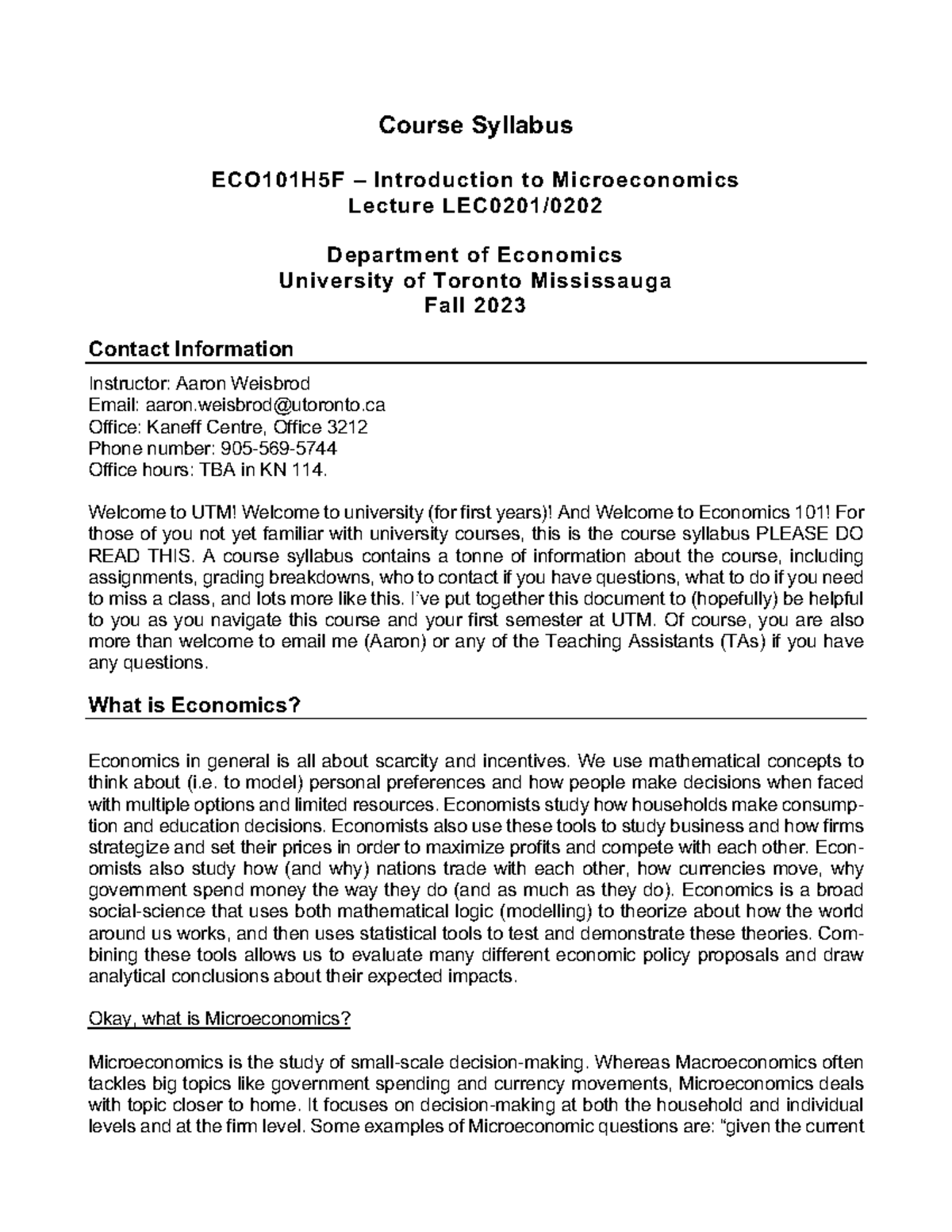 ECO101H5F Syllabus: Introduction to Microeconomics - Fall 2023 - Studocu