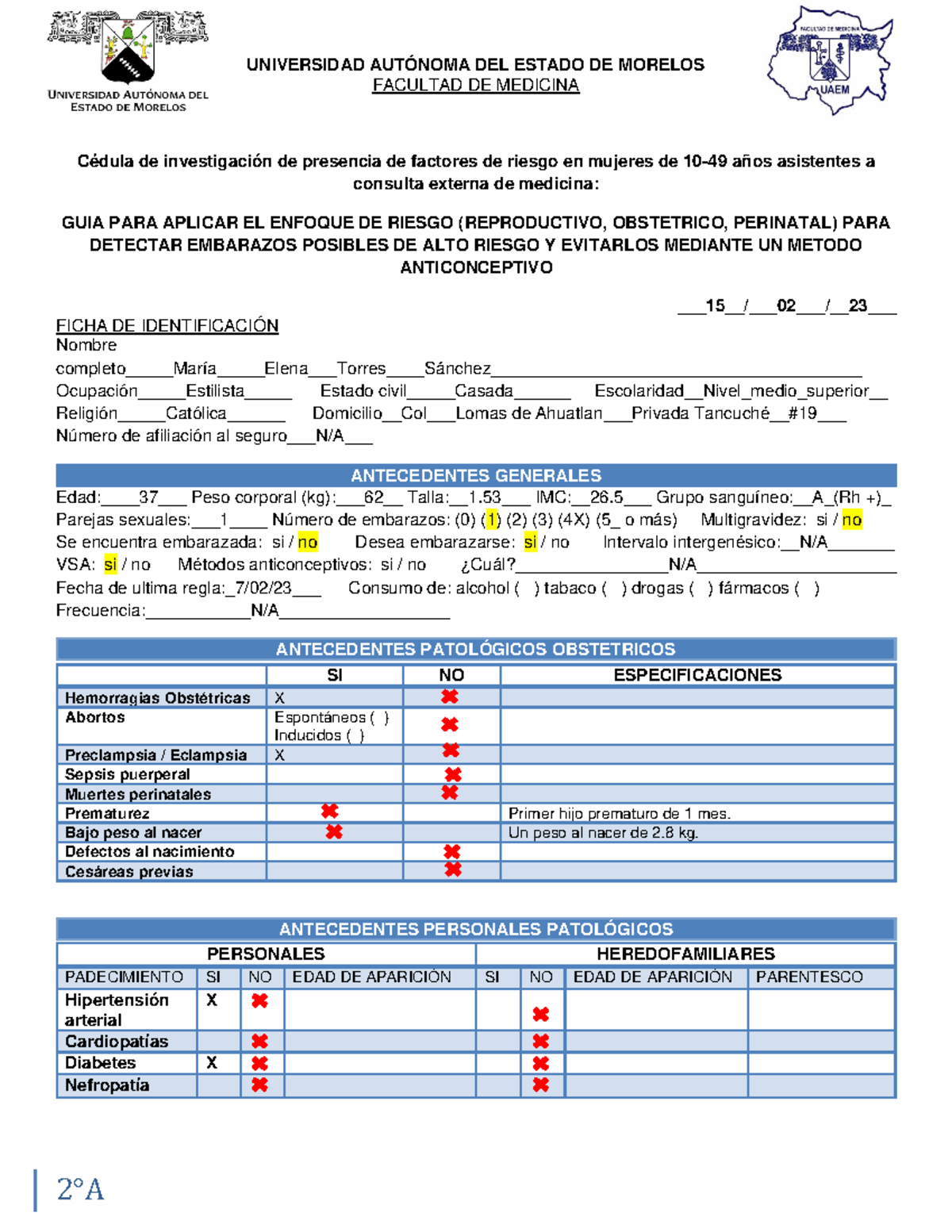 Cédula de Investigación de Riesgos Reproductivos en Mujeres (MED 2°A ...