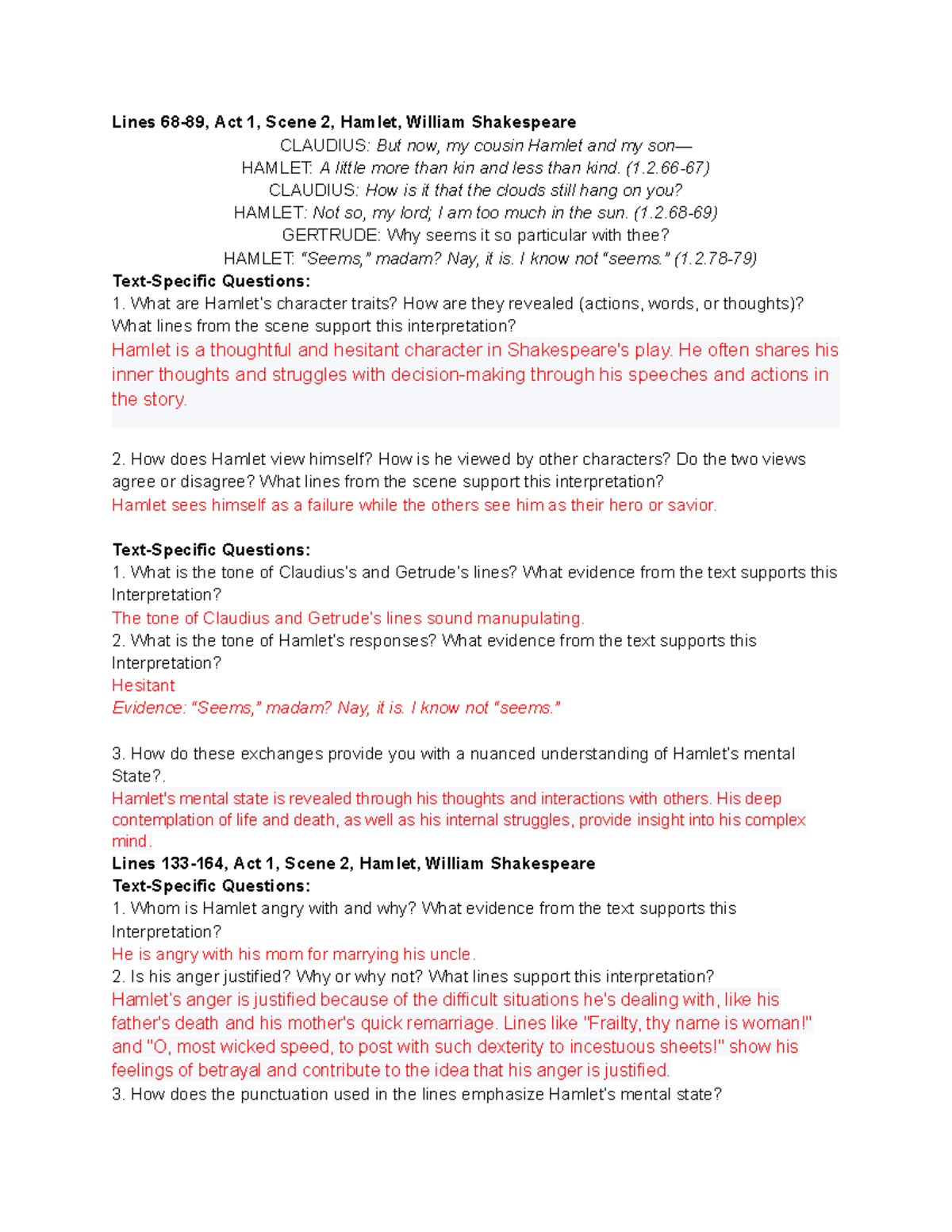 Hamlet Act 1 Scene 2 Analysis Questions and Insights - Studocu