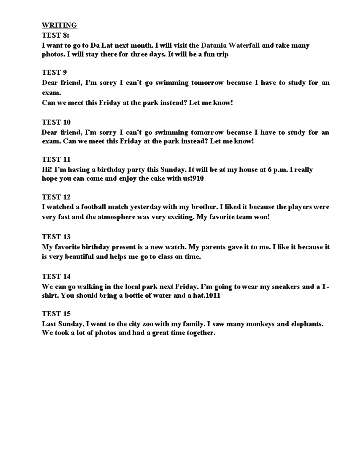 WRITING TEST 8-15: Fun Activities and Plans - Studocu