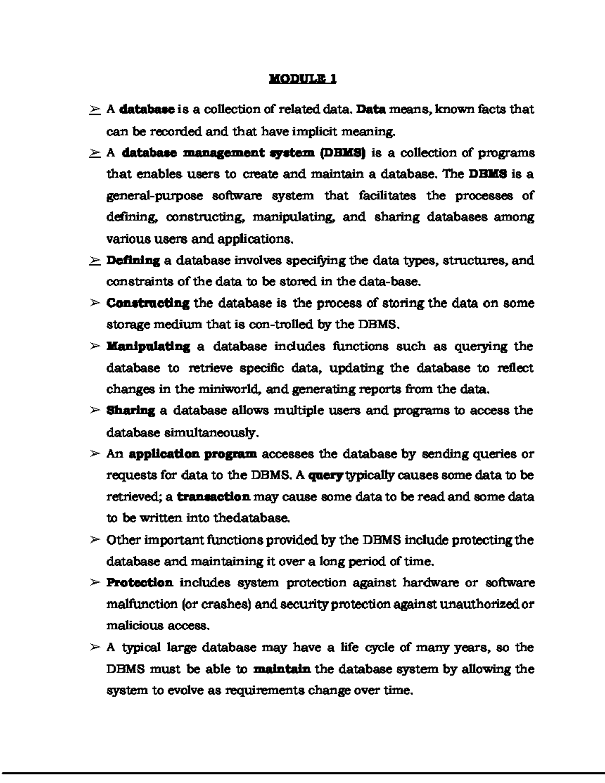 DBMS Notes Module 1 Basics - MODULE 1 A database is a collection of ...