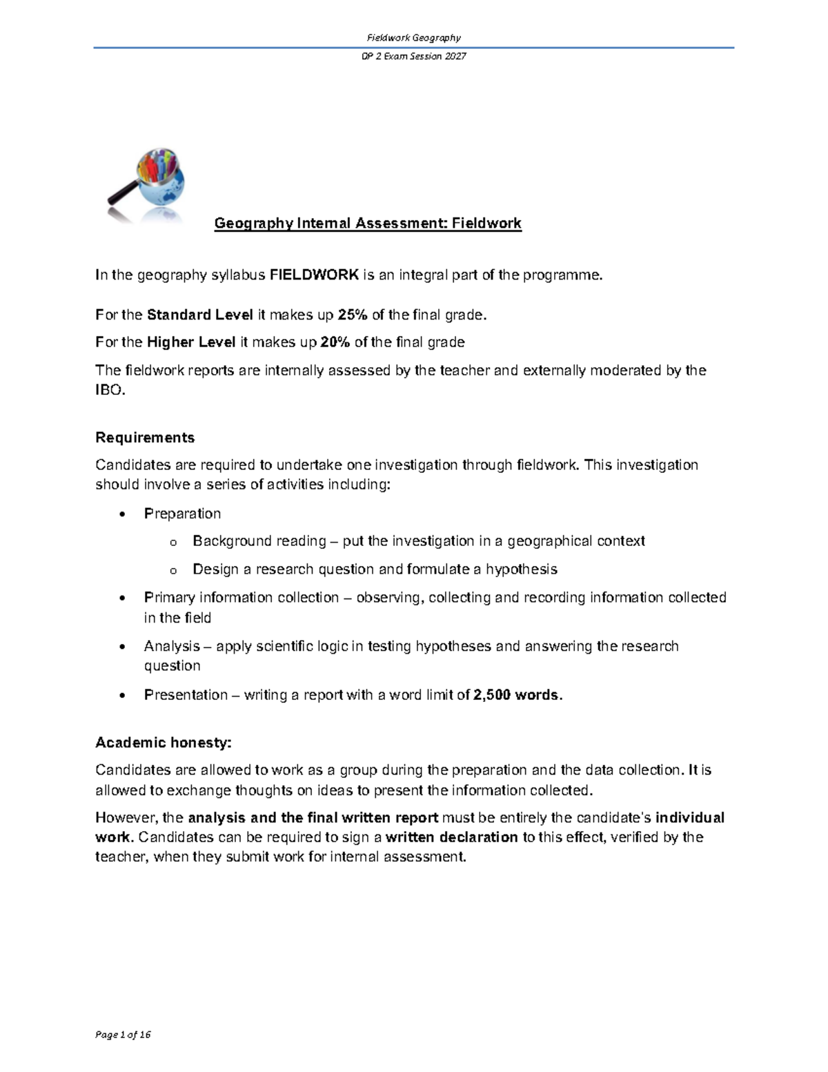 2027 Geography DP 2 Internal Assessment: Fieldwork Guide - Studocu