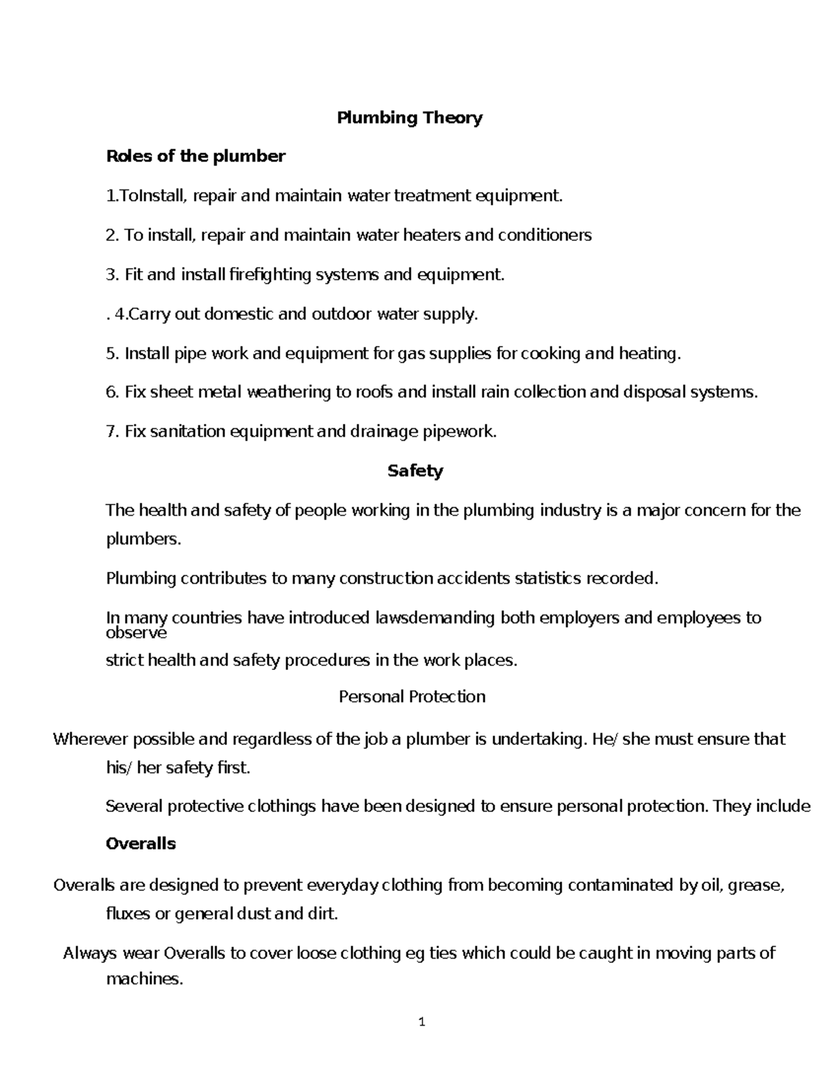 Plumbing Theory Notes: Roles, Safety, and Tools for Plumbers - Studocu