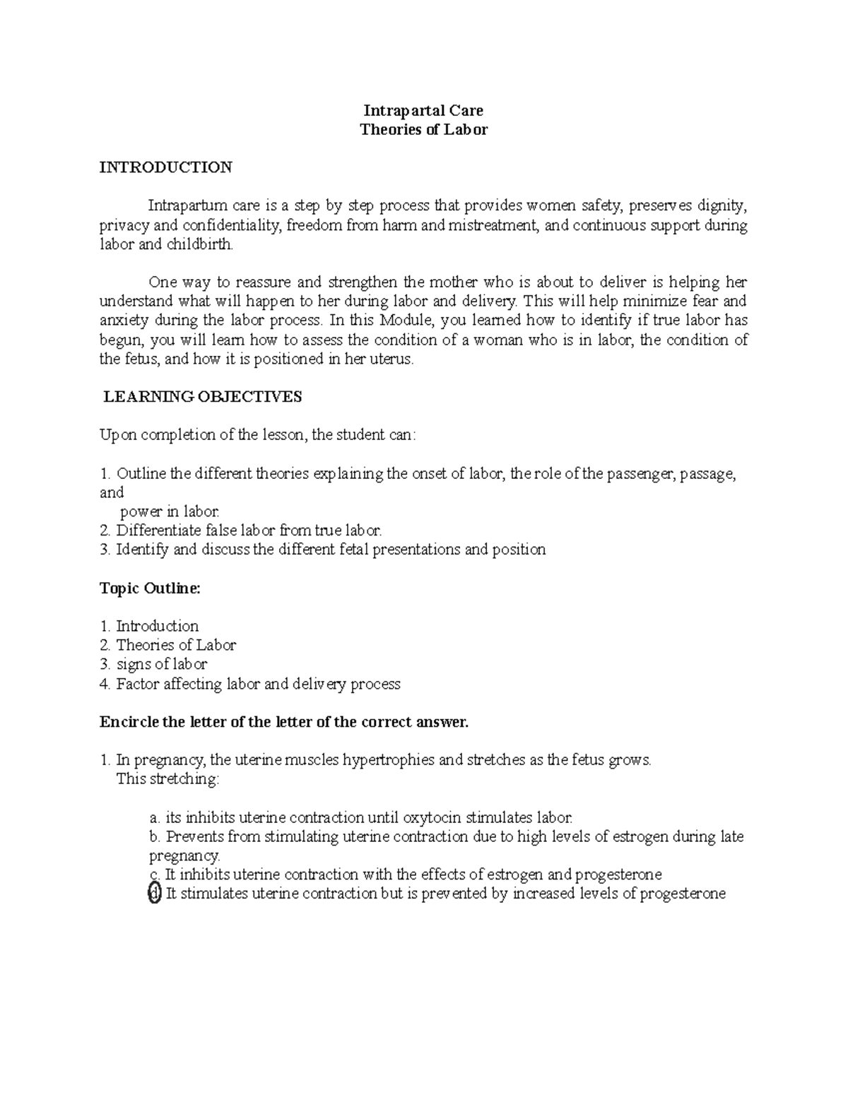 Intrapartal CARE; Theories of Labor Introduction - Nursing - BSU - Studocu