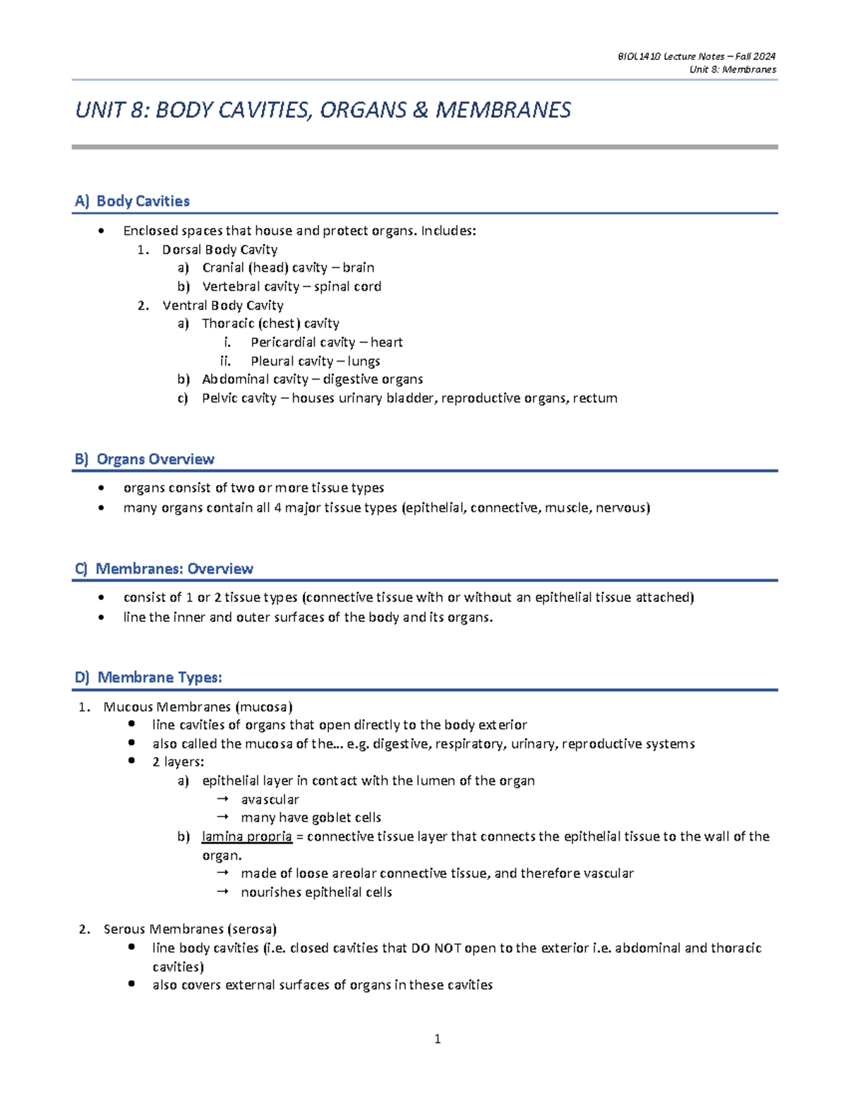 8 - UNIT 8 - BODY Cavities, Organs, Membranes (2024) - BIOL1410 Lecture ...
