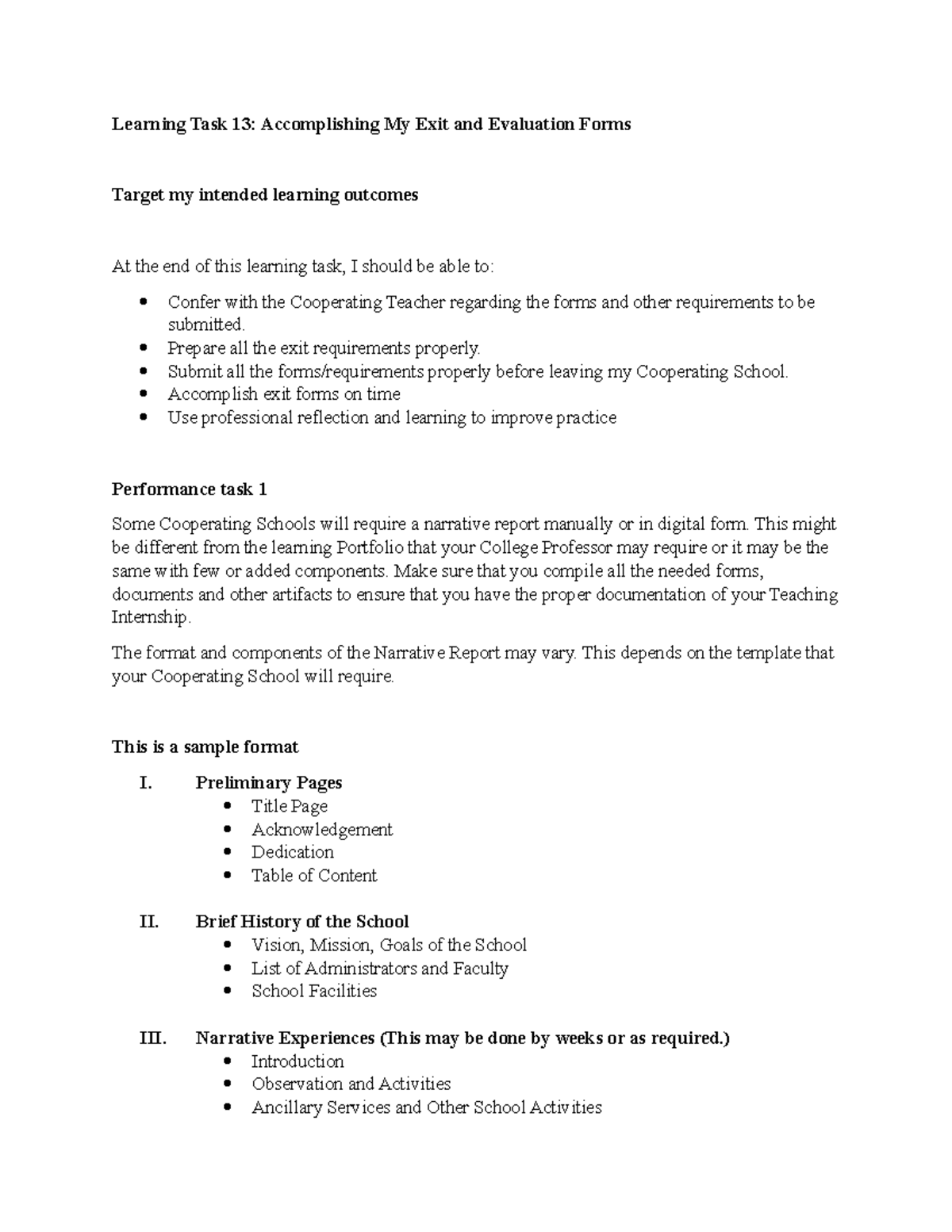 Learning Task 13: Exit Evaluation & Requirements for Internship - Studocu