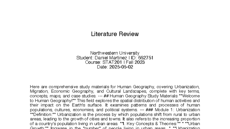 STAT201 Fall 2023: Human Geography Study Materials & Key Concepts - Studocu