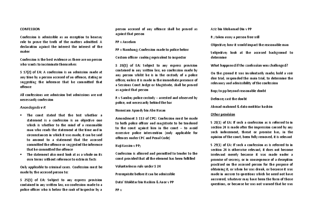 Confession Admissibility: Key Notes on Evidence Law - Studocu