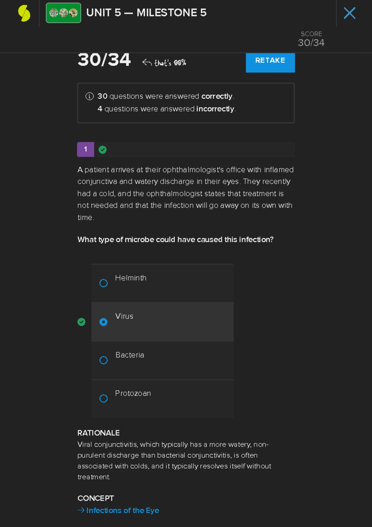 Microbiology M1 - Milestone - 1 CONCEPT → History of Microbiology 2 13/14 that's 93% RETAKE 13 ...