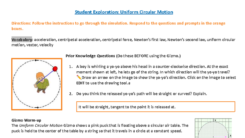 Gizmo: Student Exploration on Uniform Circular Motion - Studocu