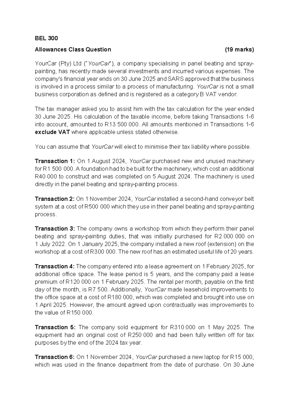 BEL 300 Tax Calculation Allowances for YourCar (Pty) Ltd - Studocu