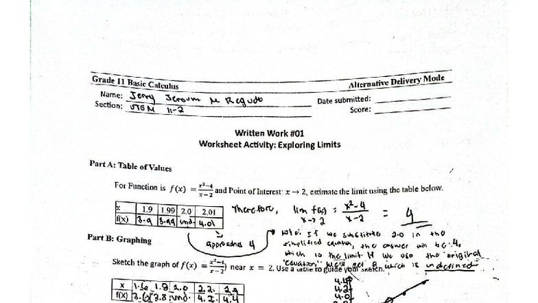 Basic Calculus Worksheet (Limits) - Grade 11 Basic Calculus Alternative ...